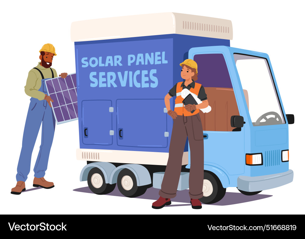 Two technicians installing solar panels Royalty Free Vector