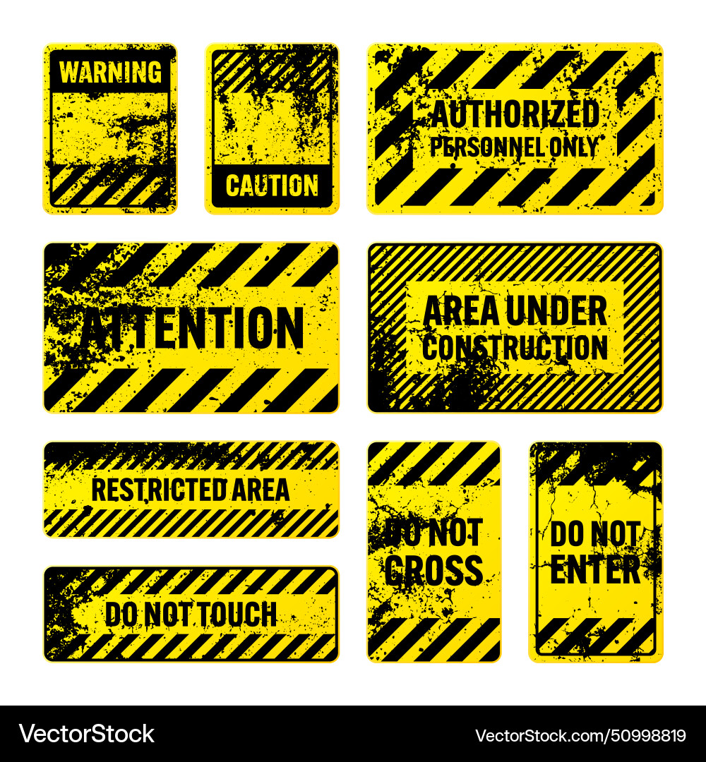 Various yellow grunge warning signs with diagonal Vector Image