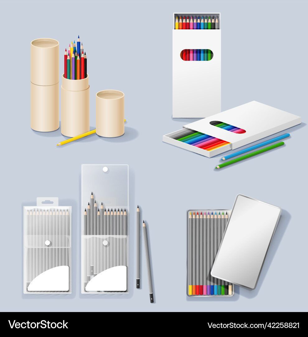 Color pencil box of different shape and form set Vector Image