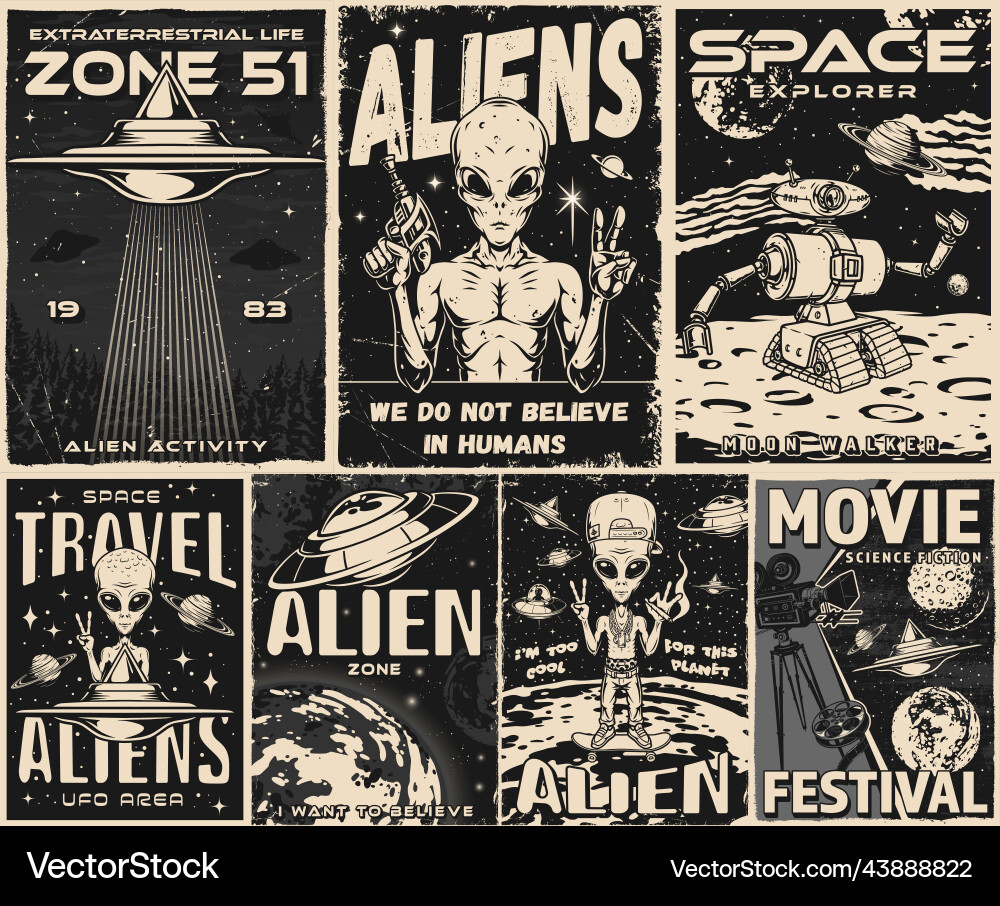 Aliens space set monochrome flyers Royalty Free Vector Image