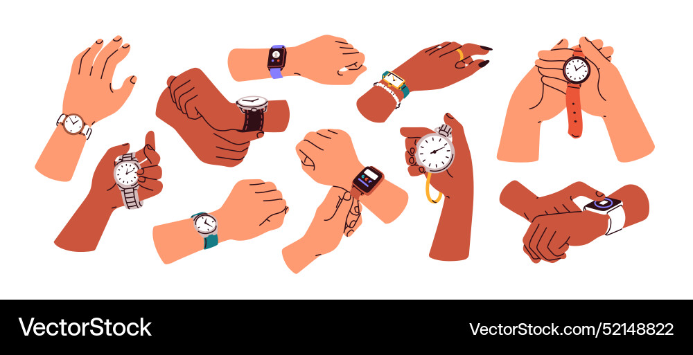Hands Holding Watches - Timekeeping Set Royalty Free Vector