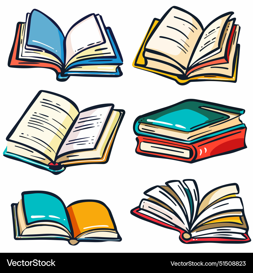 Six colorful open closed books Royalty Free Vector Image
