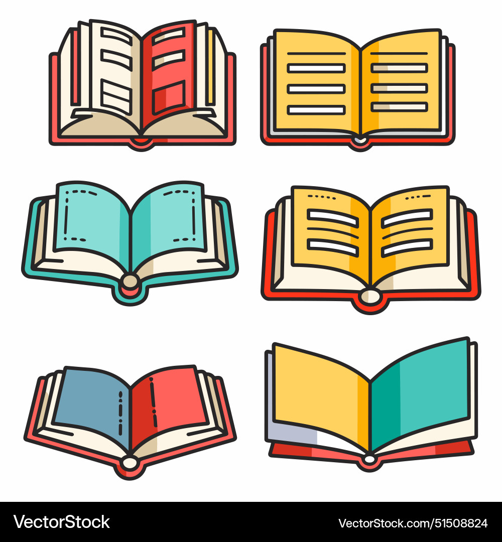 Six open books different Royalty Free Vector Image
