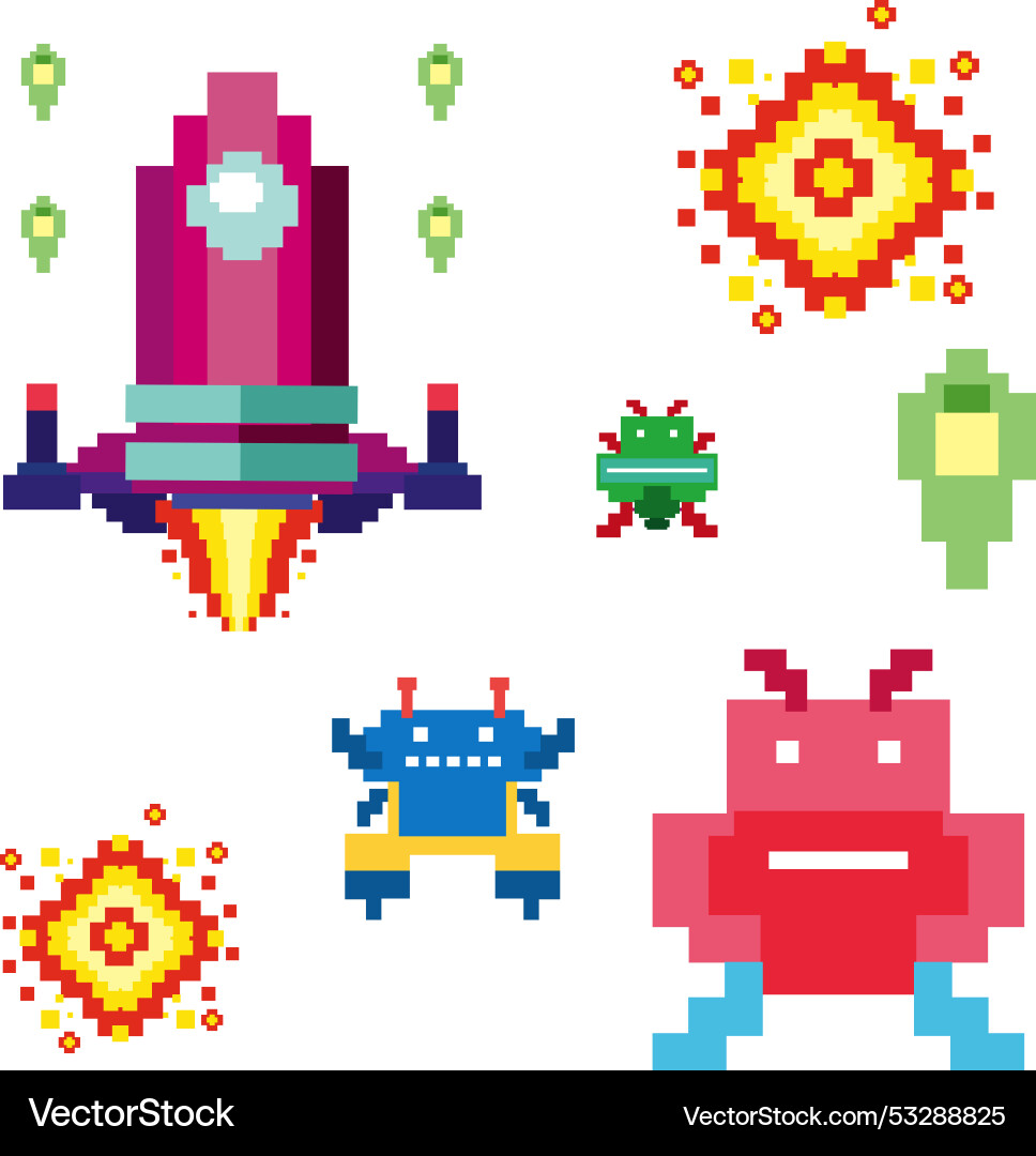 Colorful pixelated space-themed characters Vector Image
