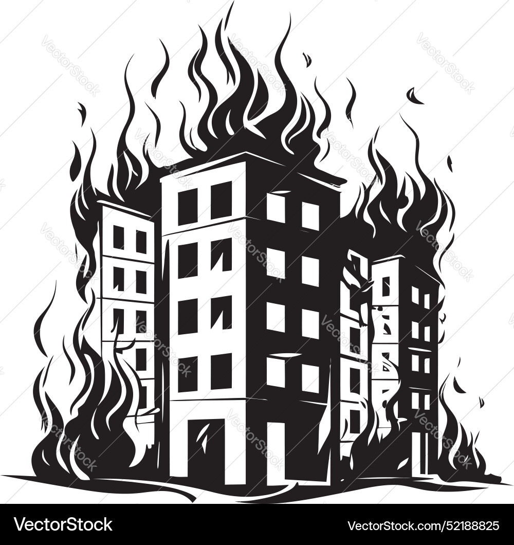 Disaster alert burning building black logo design Vector Image