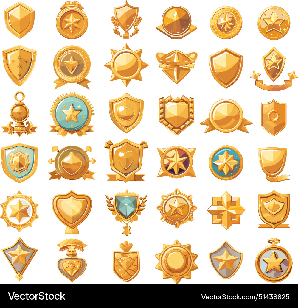 Gold badges cartoon set medals emblems Royalty Free Vector