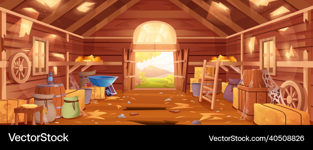 Cartoon abandoned farm barn interior with broken Vector Image