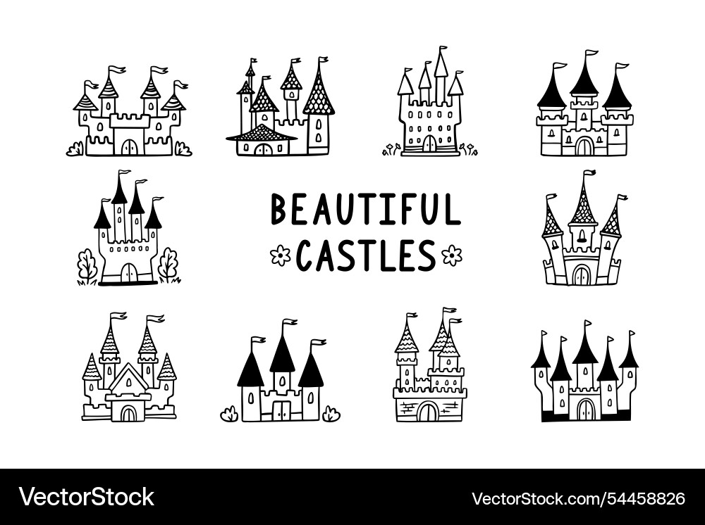 Hand drawn cartoon castle icons set doodle Vector Image