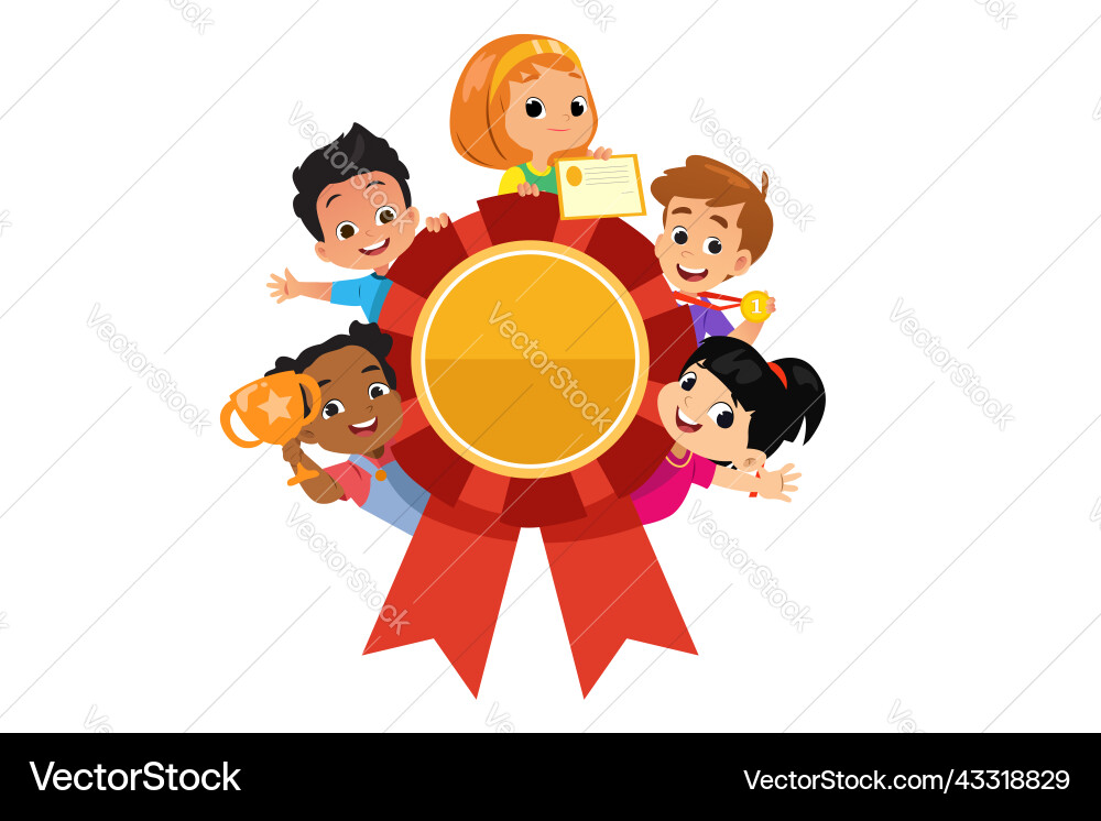 Mehrethnische Kinder mit Band Auszeichnungen Trophäe