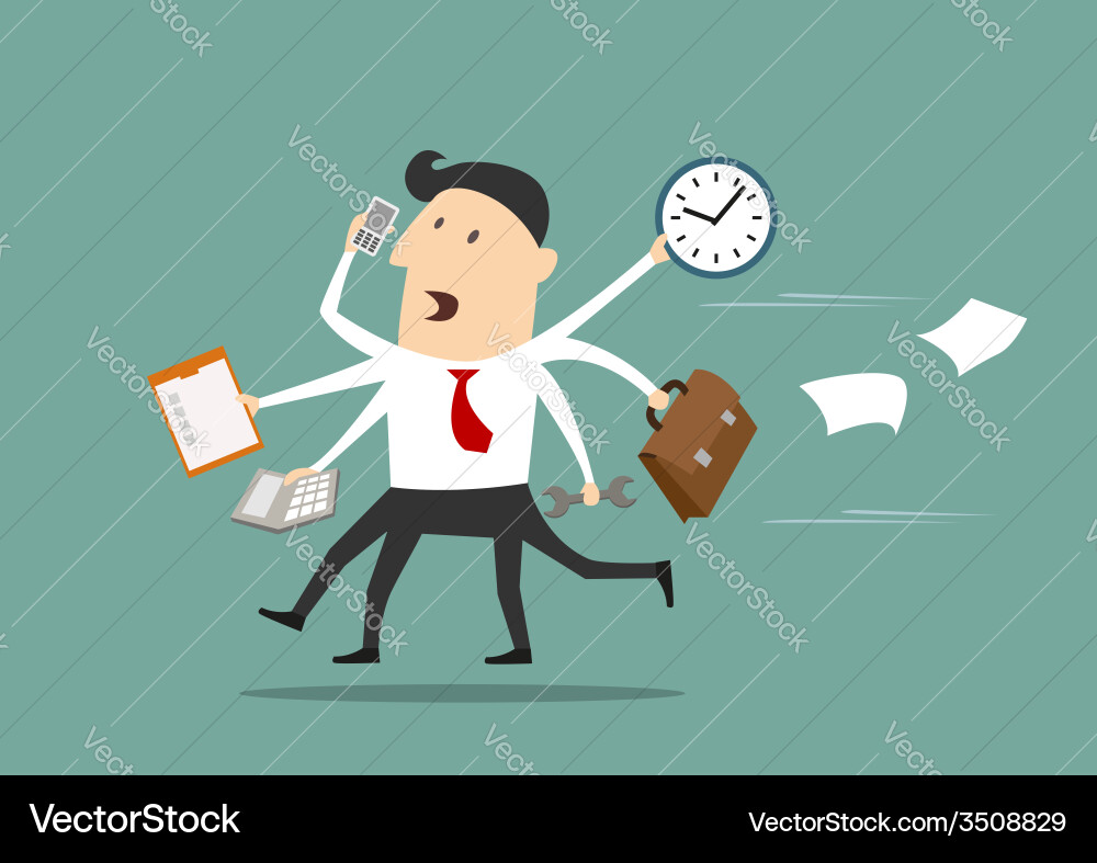 Multitasking businessman running flat concept Vector Image