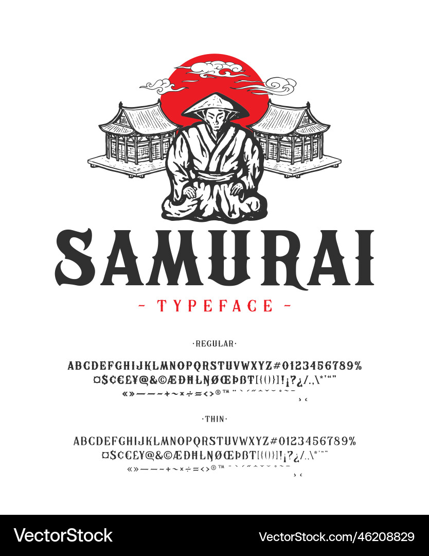 Vintage font samurai letters and numbers Vector Image
