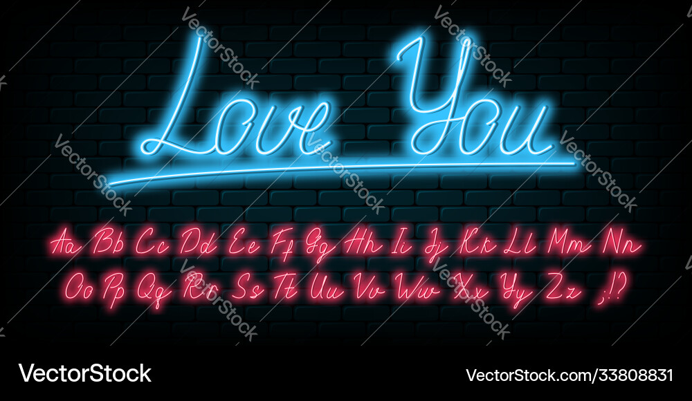 Glowing neon handwritten script font Royalty Free Vector