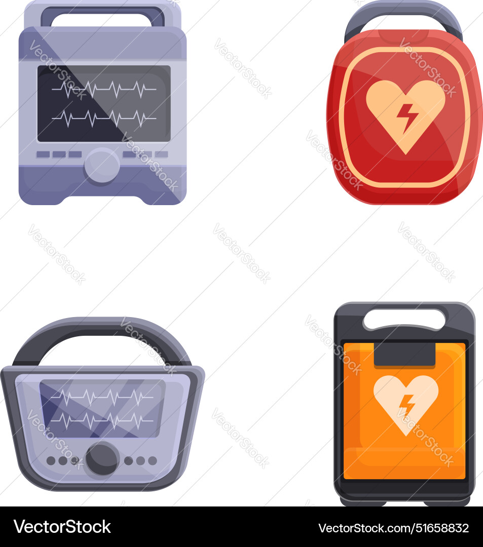 Defibrillator machine icons set cartoon Royalty Free Vector