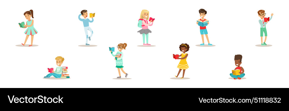 Kid character reading book enjoying literature Vector Image