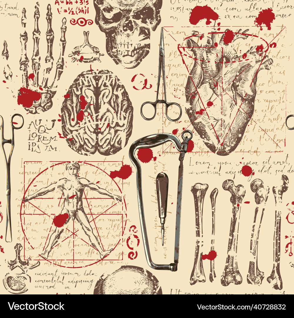 Retro seamless pattern with human bones and organs
