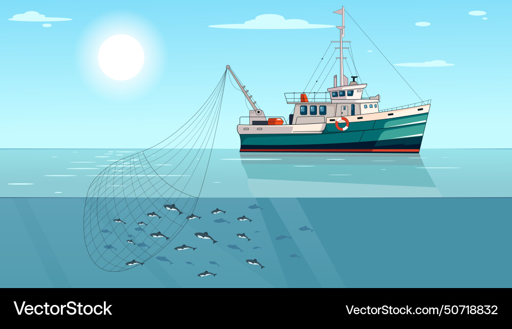 Seiner ship with fishing net catching fish work Vector Image