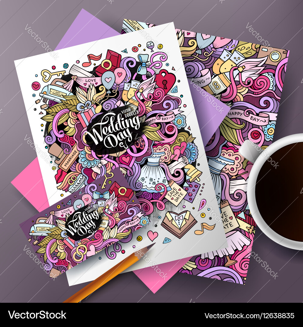 Cartoon doodles wedding corporate identity set Vector Image