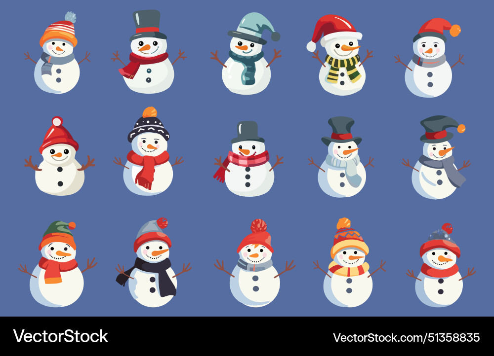 Cute snowman set funny cartoon snowmen wear hats Vector Image