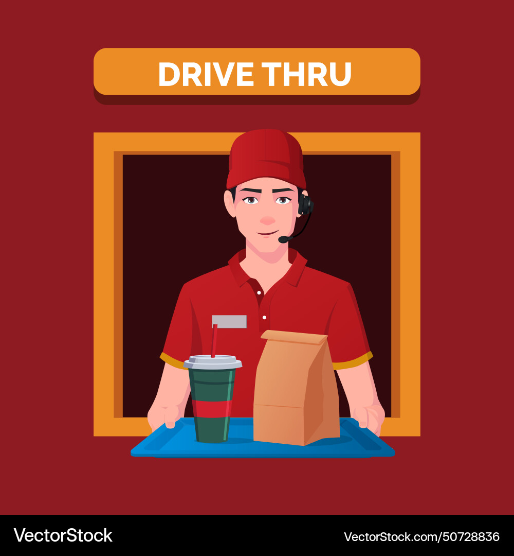 Fast food restaurant worker serving order Vector Image