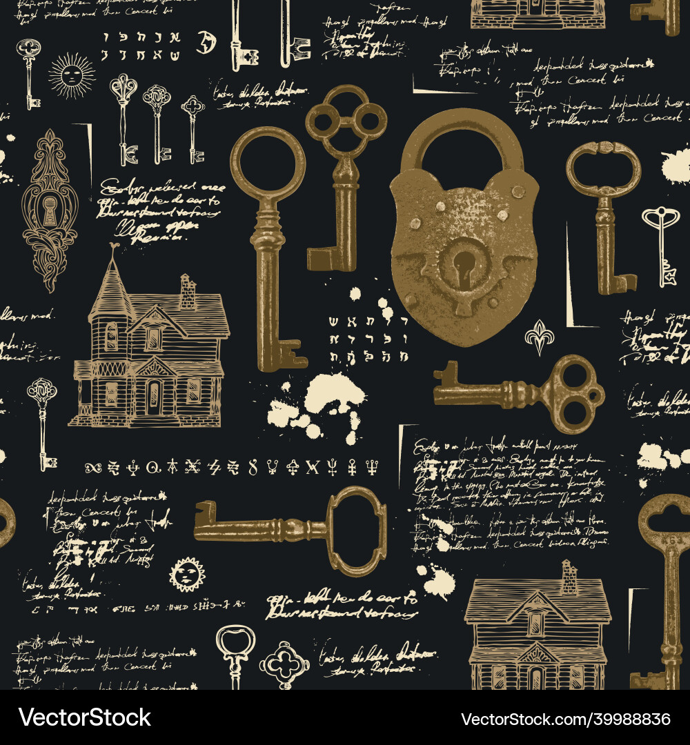 Seamless pattern with old keys padlock and houses Vector Image