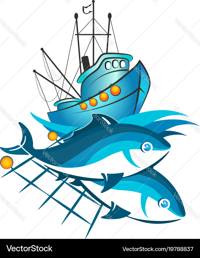 Fishing vessel and fish in networks Royalty Free Vector
