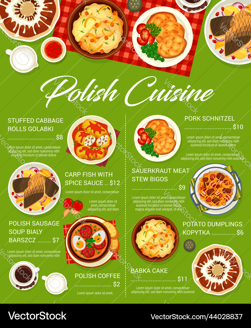 Polish cuisine restaurant meals menu Royalty Free Vector