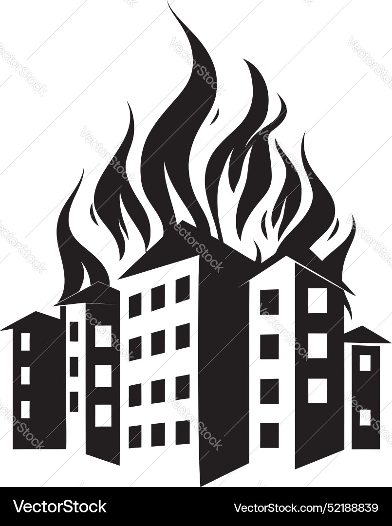 Crisis symbolism burning building black logo Vector Image