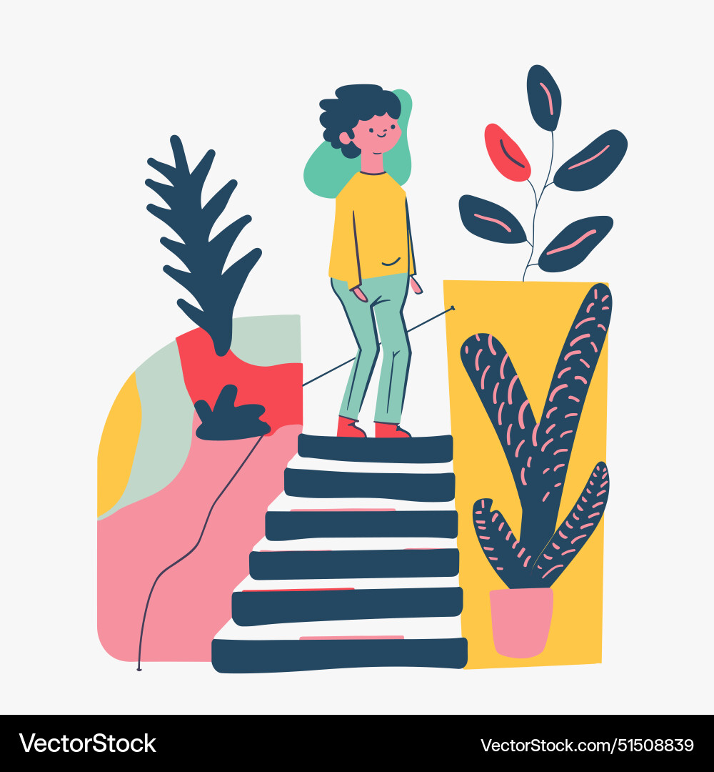 Young adult exploring abstract environment steps Vector Image