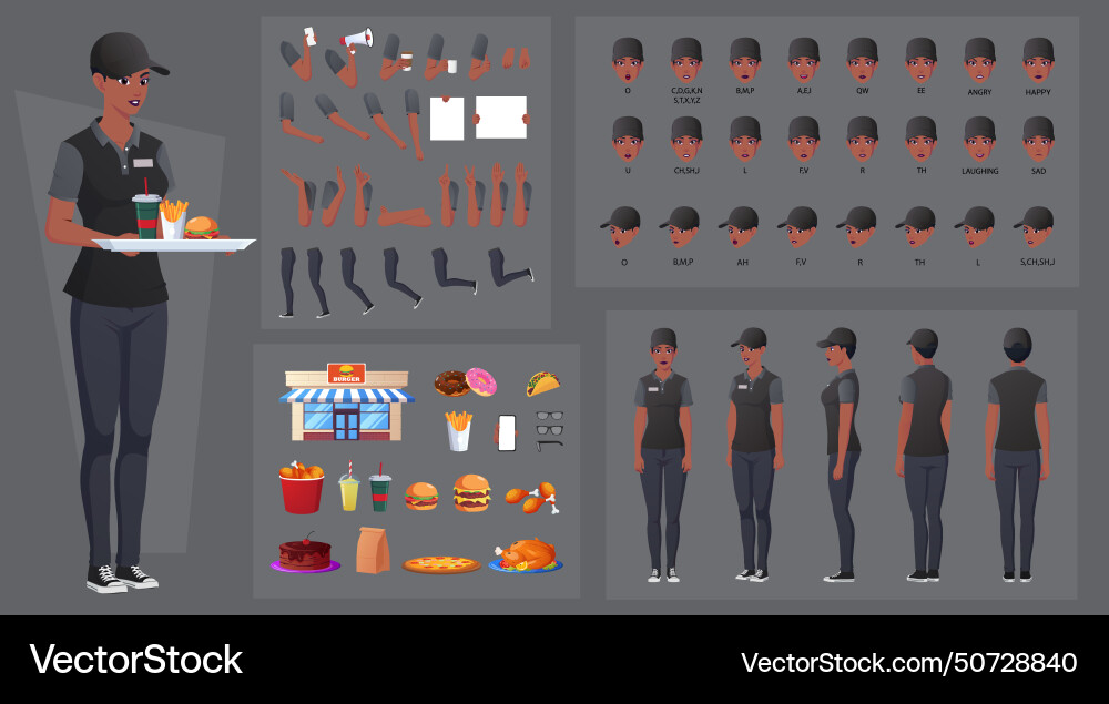 Black fast-food worker character creation set Vector Image