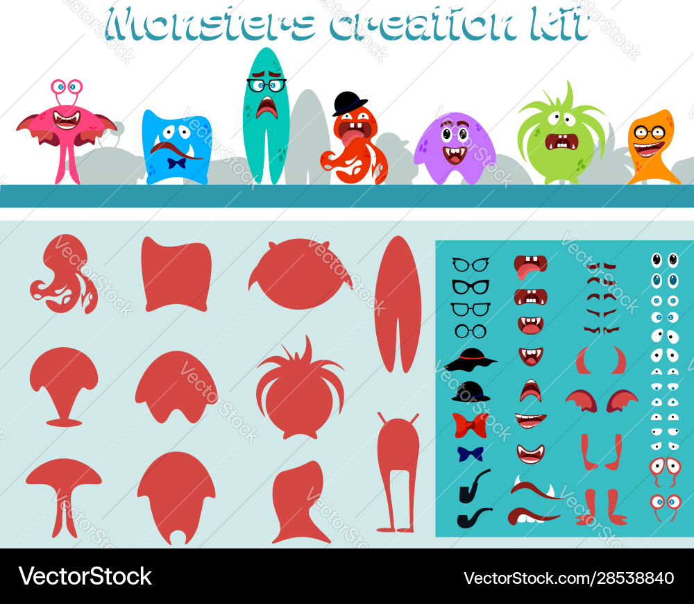 Cute cartoon monster creation kit in flat style Vector Image