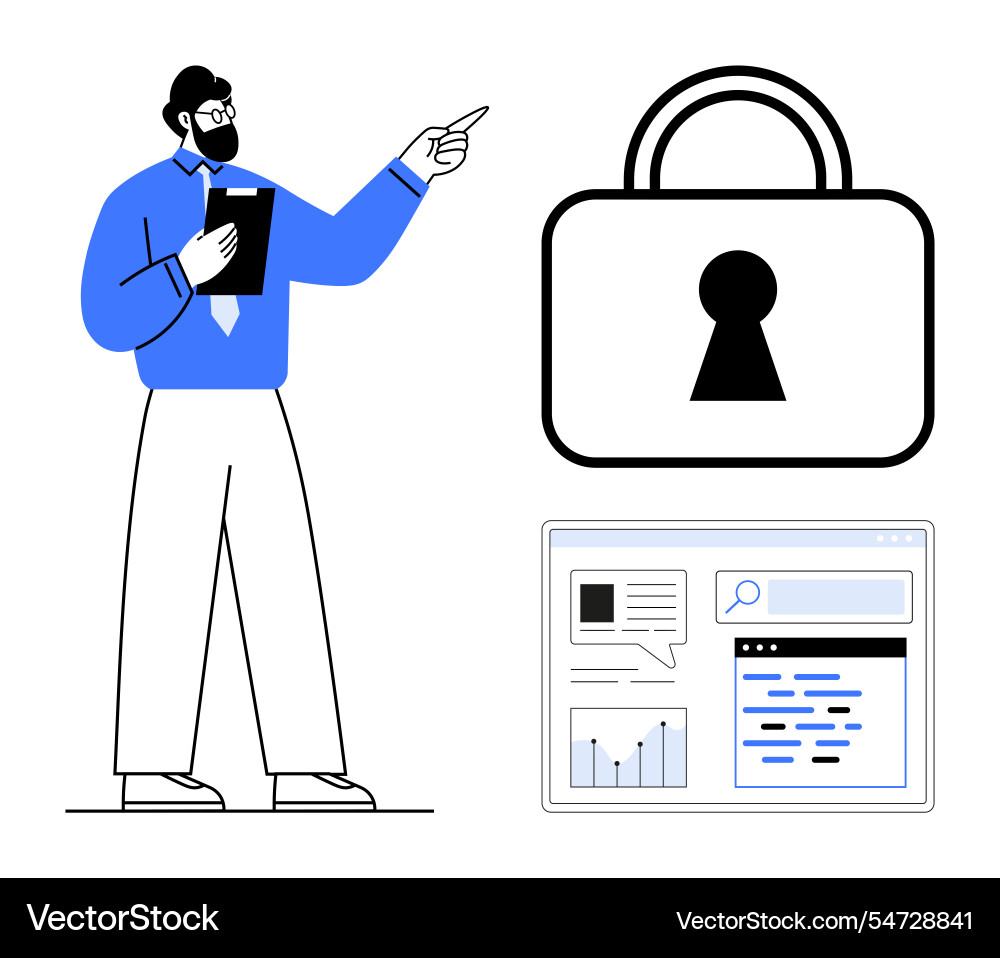Business professional pointing at a secure lock Vector Image