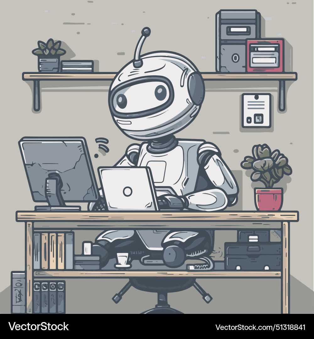 Cartoon ai robot at computer desk Royalty Free Vector Image