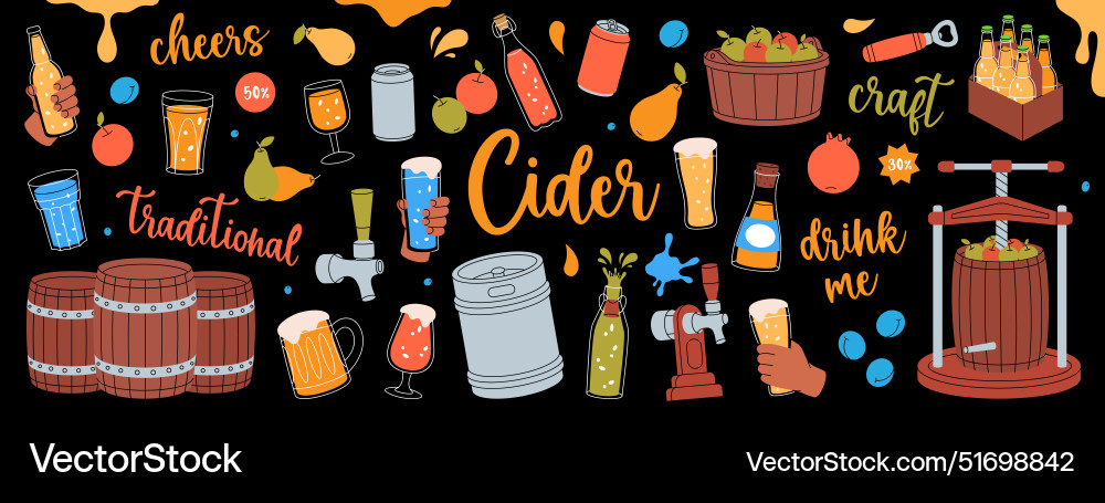 Fruit cider set wooden barrels cans glasses Vector Image