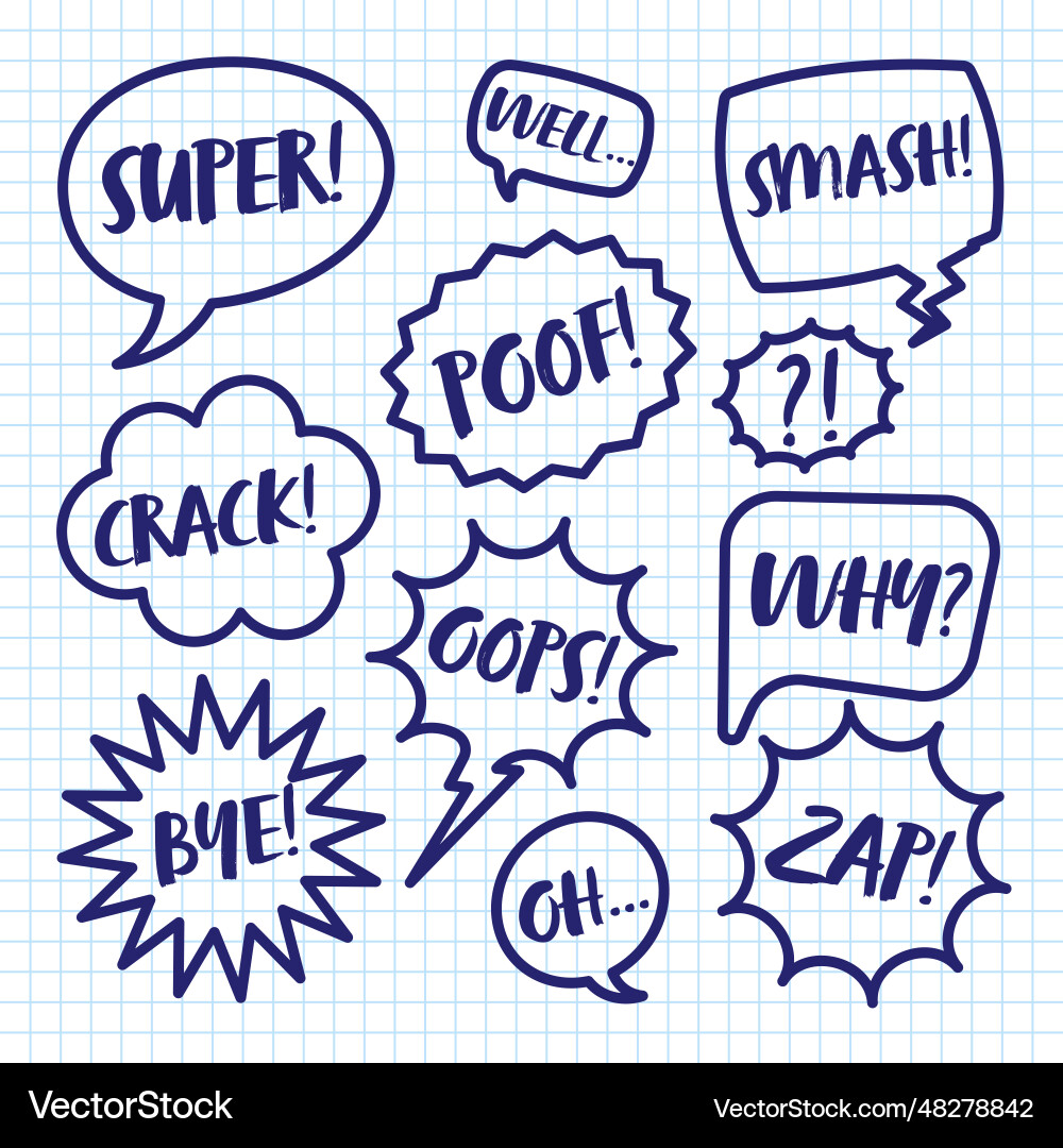 Hand drawn comic speech bubbles on checkered paper