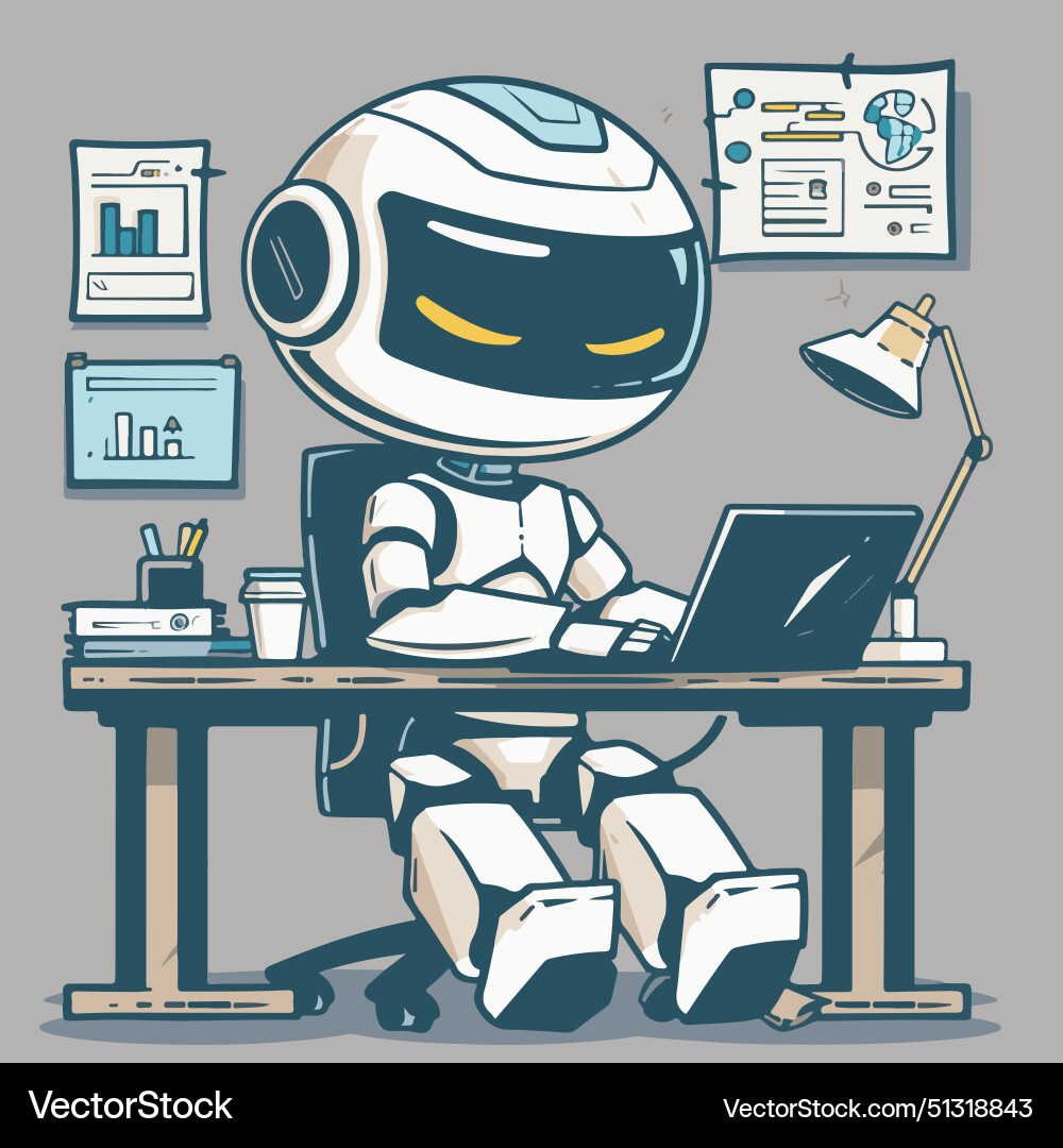 Ai cartoon robot at computer desk Royalty Free Vector Image