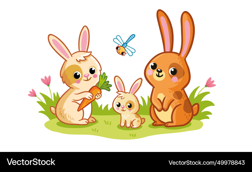 Cute family of rabbits stands in a green meadow Vector Image