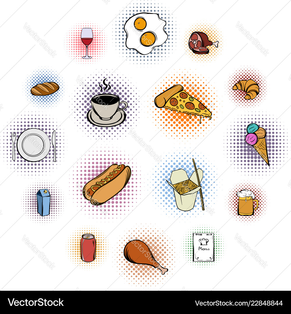 Food comics icons set Royalty Free Vector Image