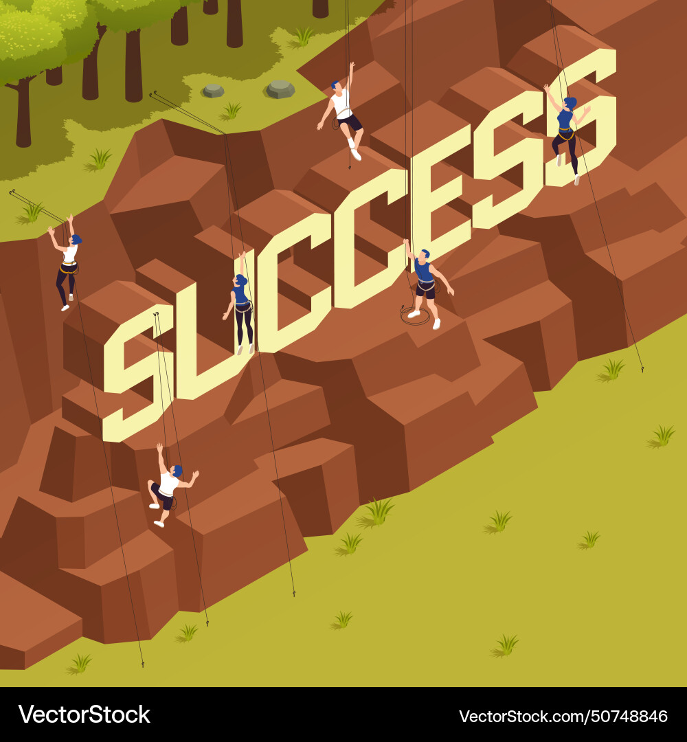 Climbing wall success isometric composition Vector Image