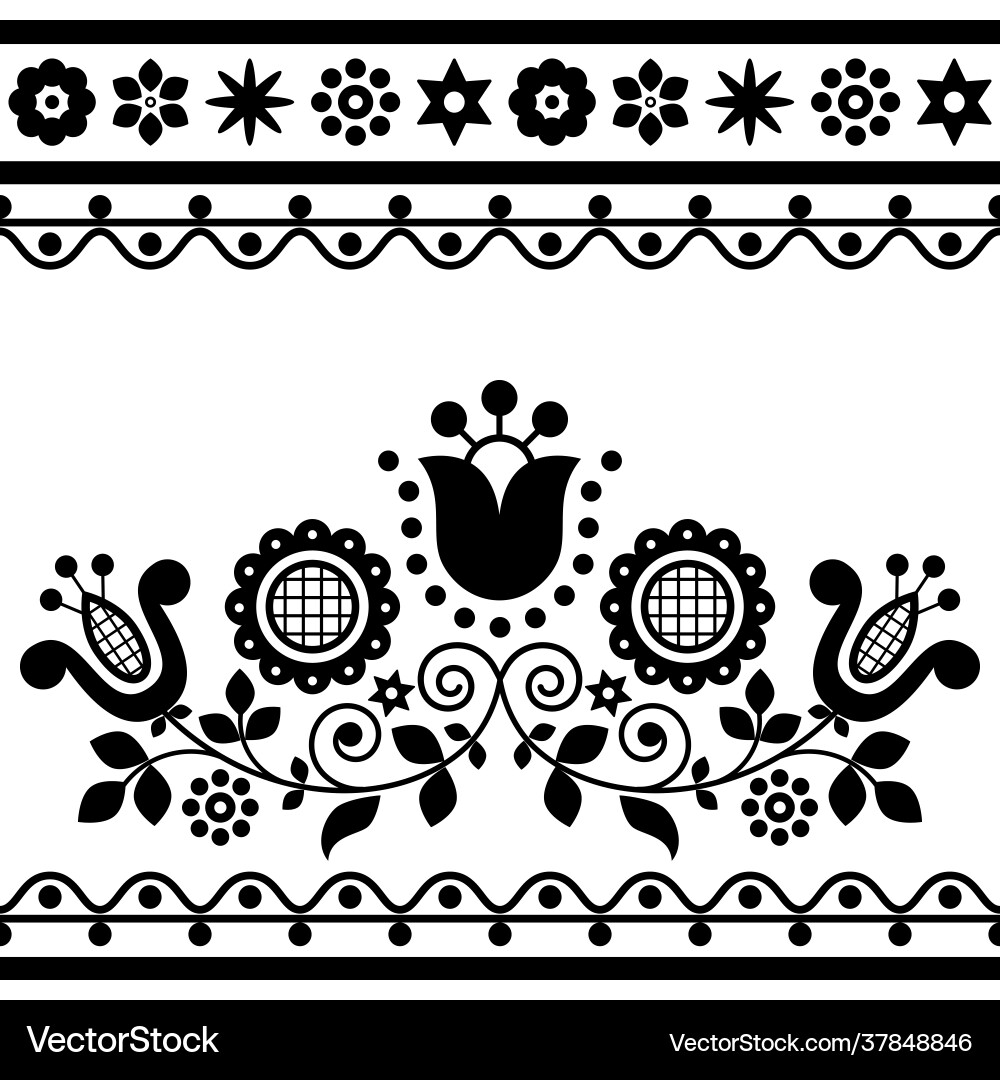 Romantic floral folk art black and white Vector Image