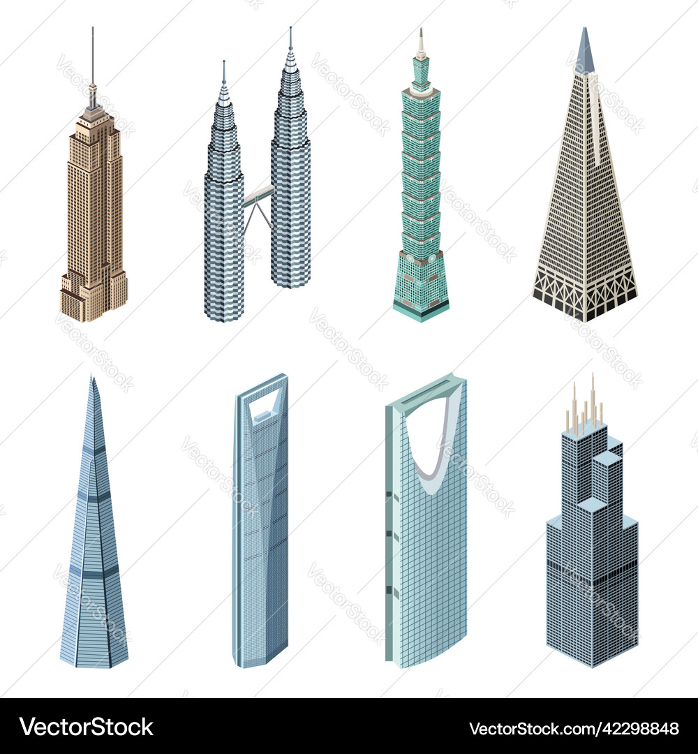 Famous skyscrapers isometric icons Royalty Free Vector Image