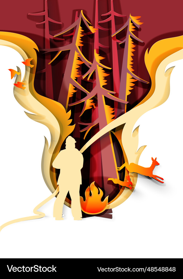 Firefighter extinguishing fire in forest papercut Vector Image