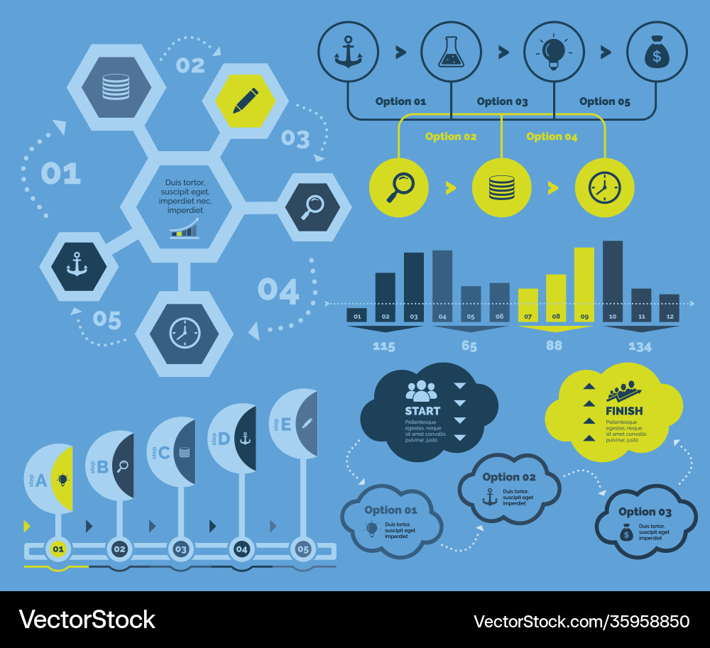 Five production diagrams templates set Royalty Free Vector