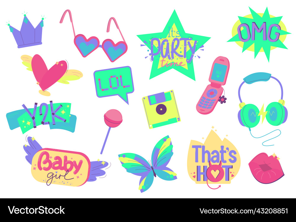 Y2k colorful stickers set editable Royalty Free Vector Image