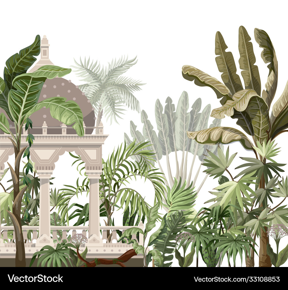 Border with jungle trees and ancient castle Vector Image