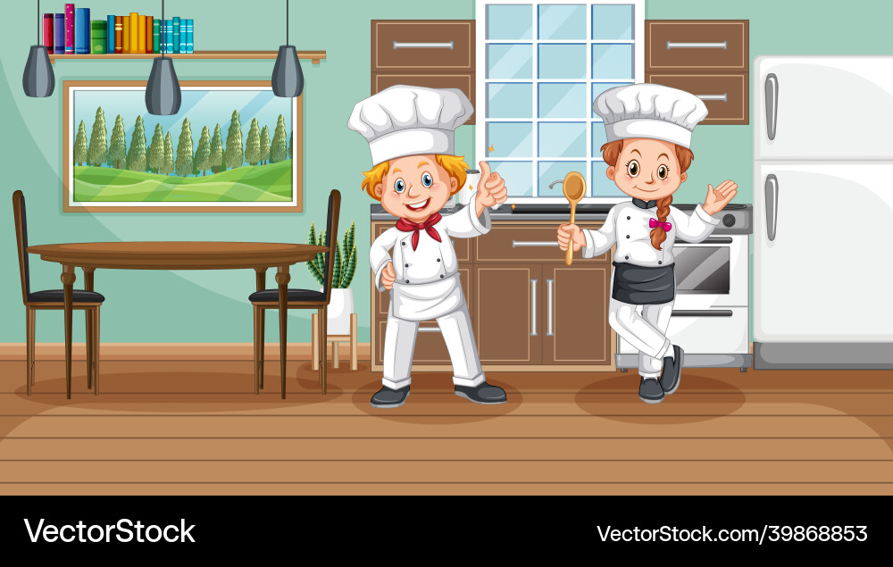Kitchen scene with two chefs cartoon character Vector Image