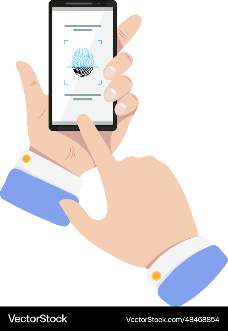Finger scan app on phone screen in human hands Vector Image