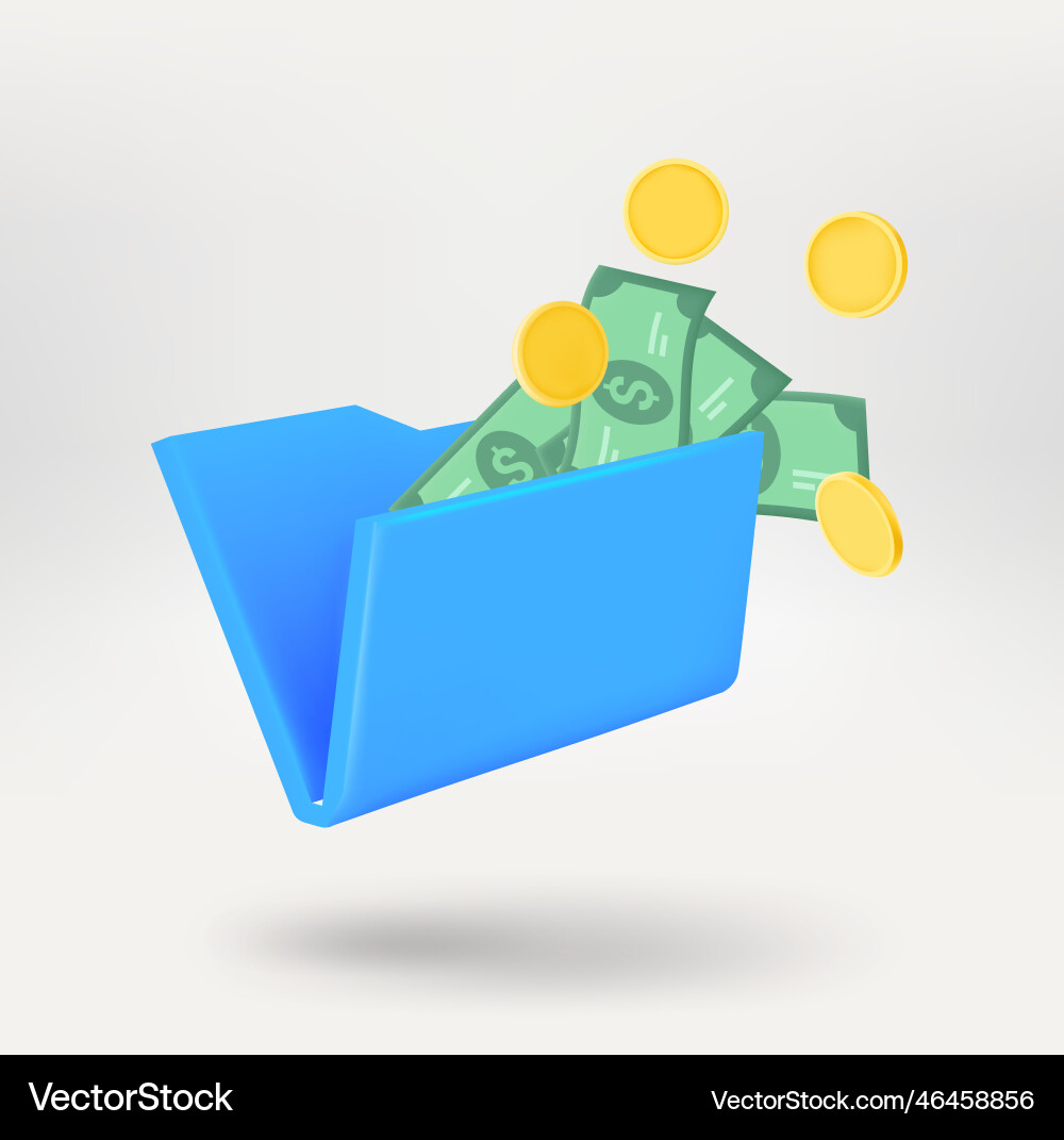 Blue folder with paper sheets money 3d icon Vector Image