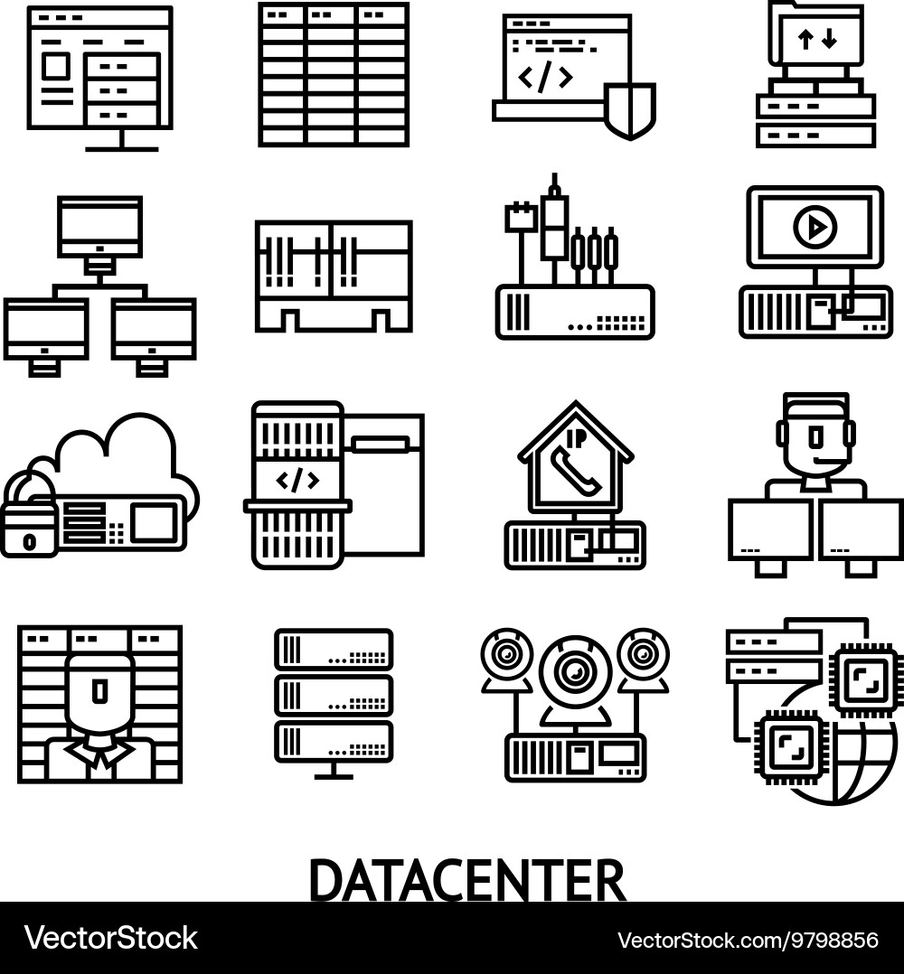 Datacenter monochrome icons set Royalty Free Vector Image