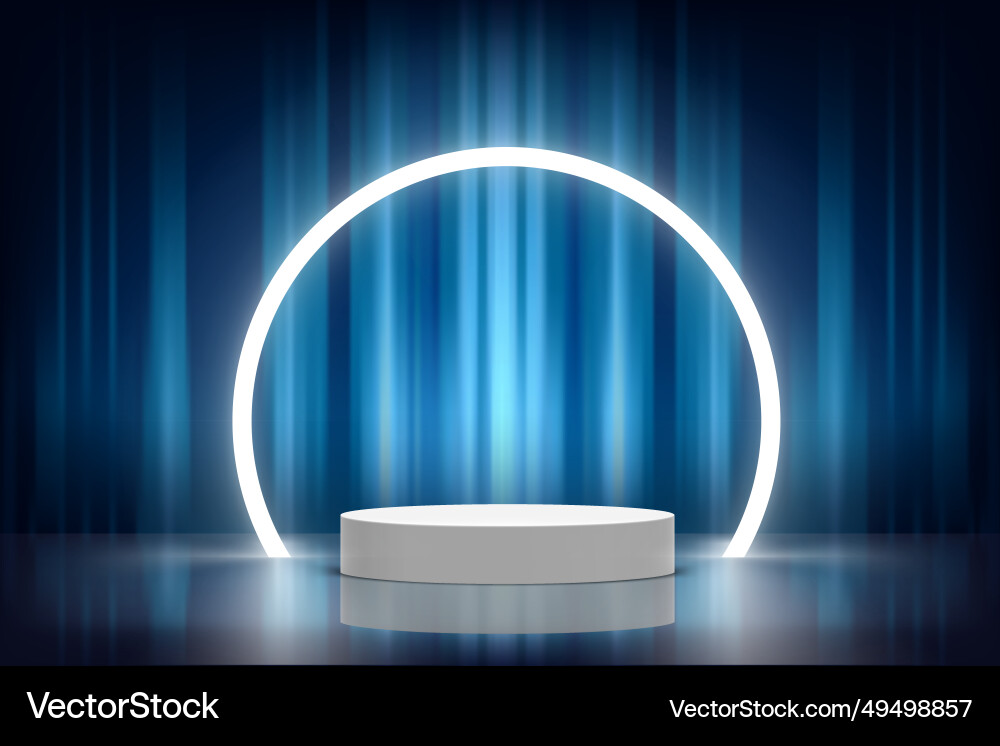 Blue studio with podium and neon arc design Vector Image