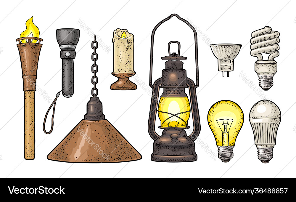 Set lighting object torch candle flashlight Vector Image